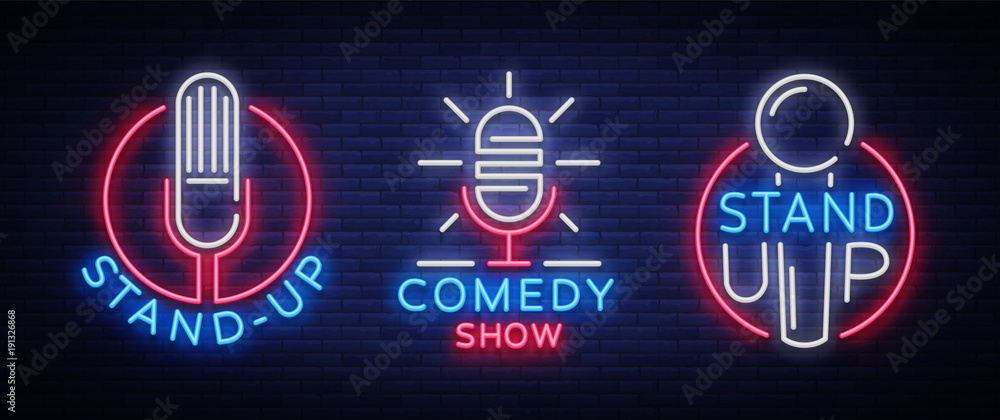 Comedy Show Stand Up An invitation collection of neon signs. Logotype ...