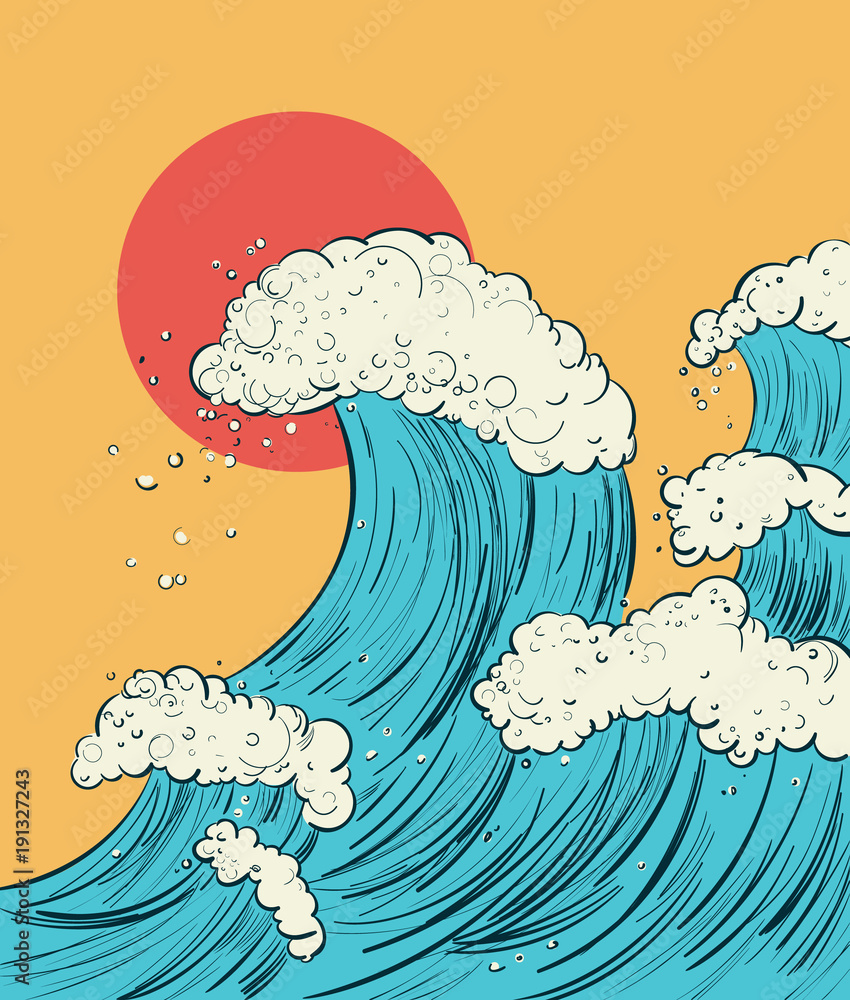 Hand draw a cartoon illustration of the wave in Japanese style. Vector ...