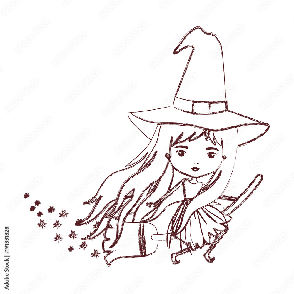 cute witch flying with broom and trace of stars in brown blurred ...