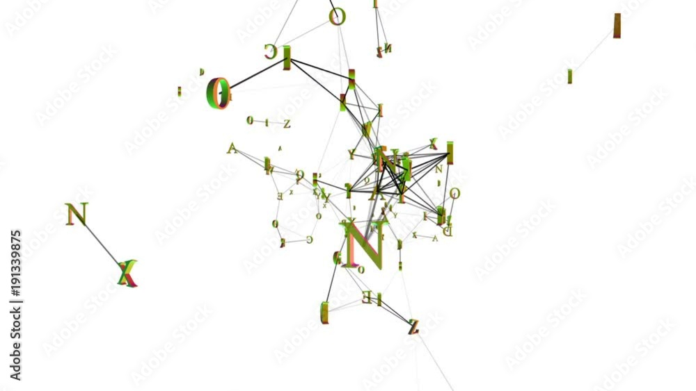 Rotation around a cluster of letters connected to each other. White ...