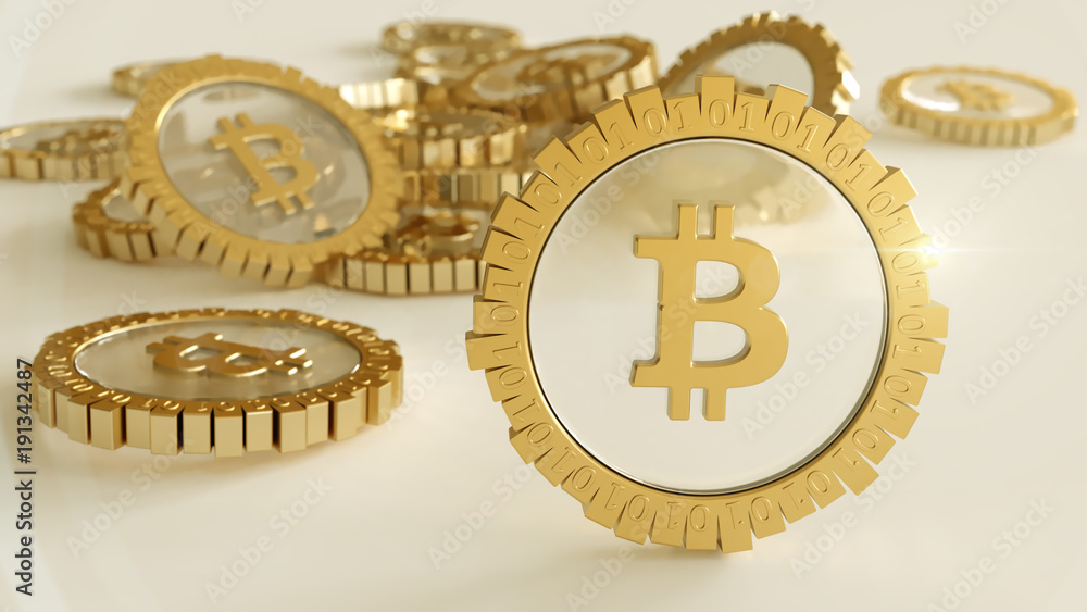 3D model of the bitcoin logo gold coins that scatter in different ...