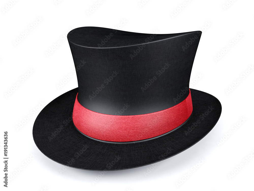 Black short top hat with red ribbon isolated on white background, 3D ...
