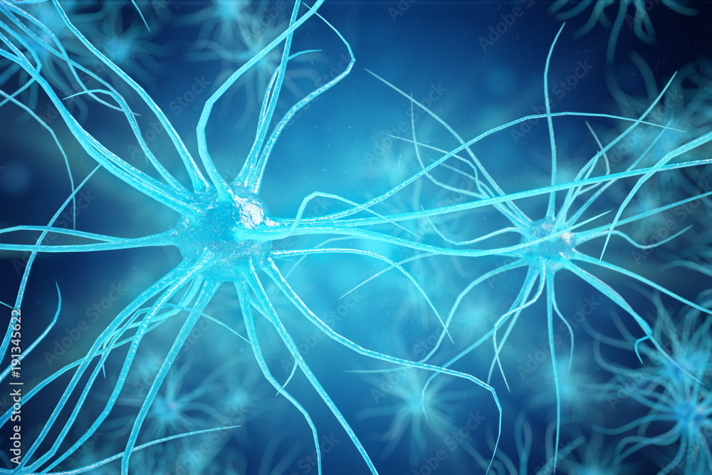 Conceptual illustration of neuron cells with glowing link knots ...
