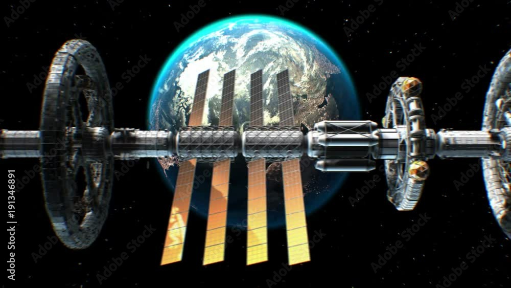 Side view of a giant sci-fi interplanetary spaceship flying on Earth ...