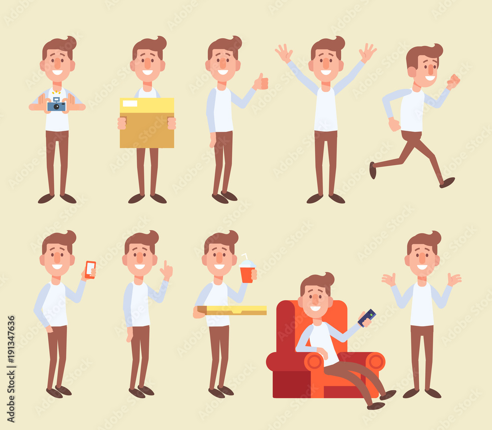 Set of young man in different poses. Vector cartoon character in a flat ...