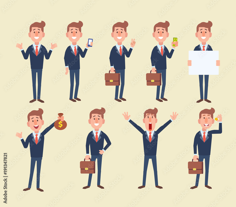 Set of business man in different poses. Vector cartoon character in a ...
