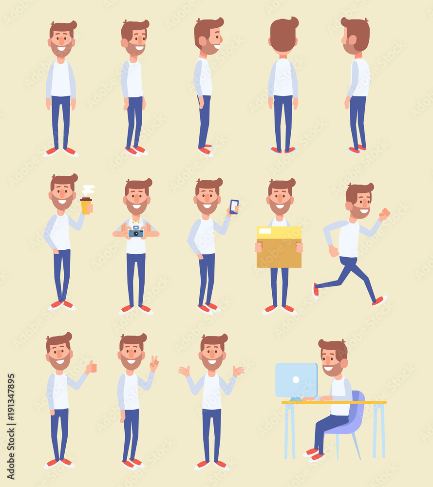 Set of young man in different poses. Vector cartoon character in a flat ...
