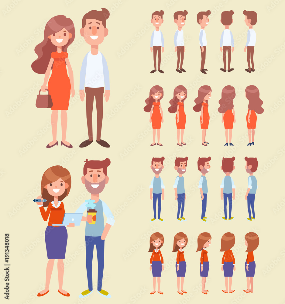 Front, side, back view animated characters - man and woman couple ...