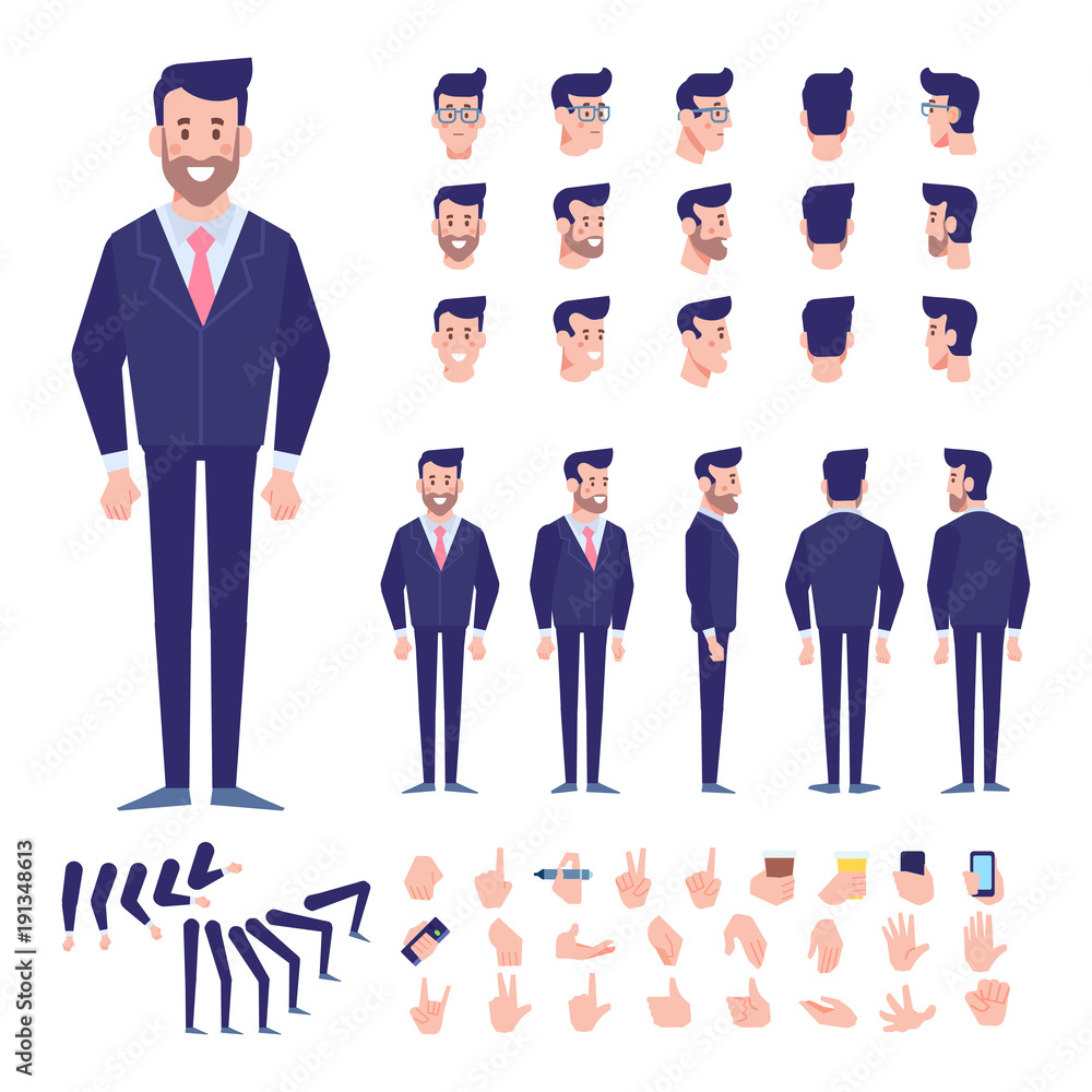 Front, side, back view animated character. Business man character ...