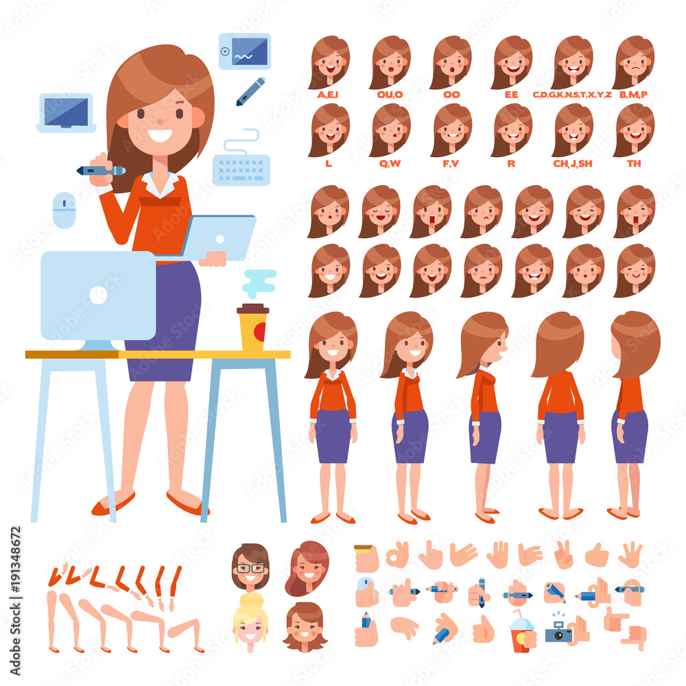 Front, side, back view animated character. Designer woman character ...