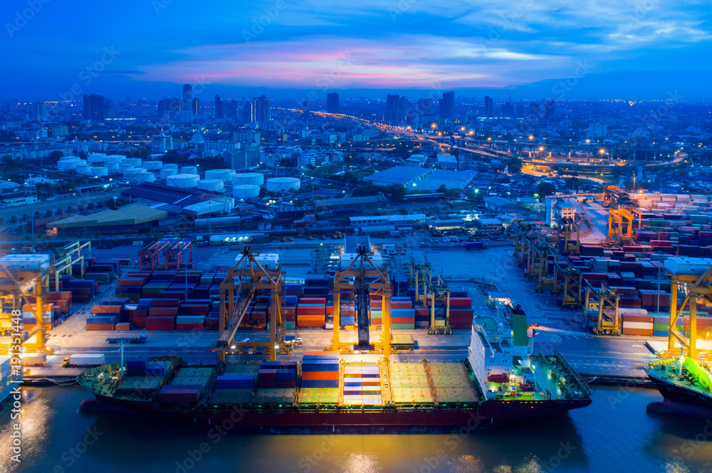 Containers yard in port congestion with ship vessels are loading and ...