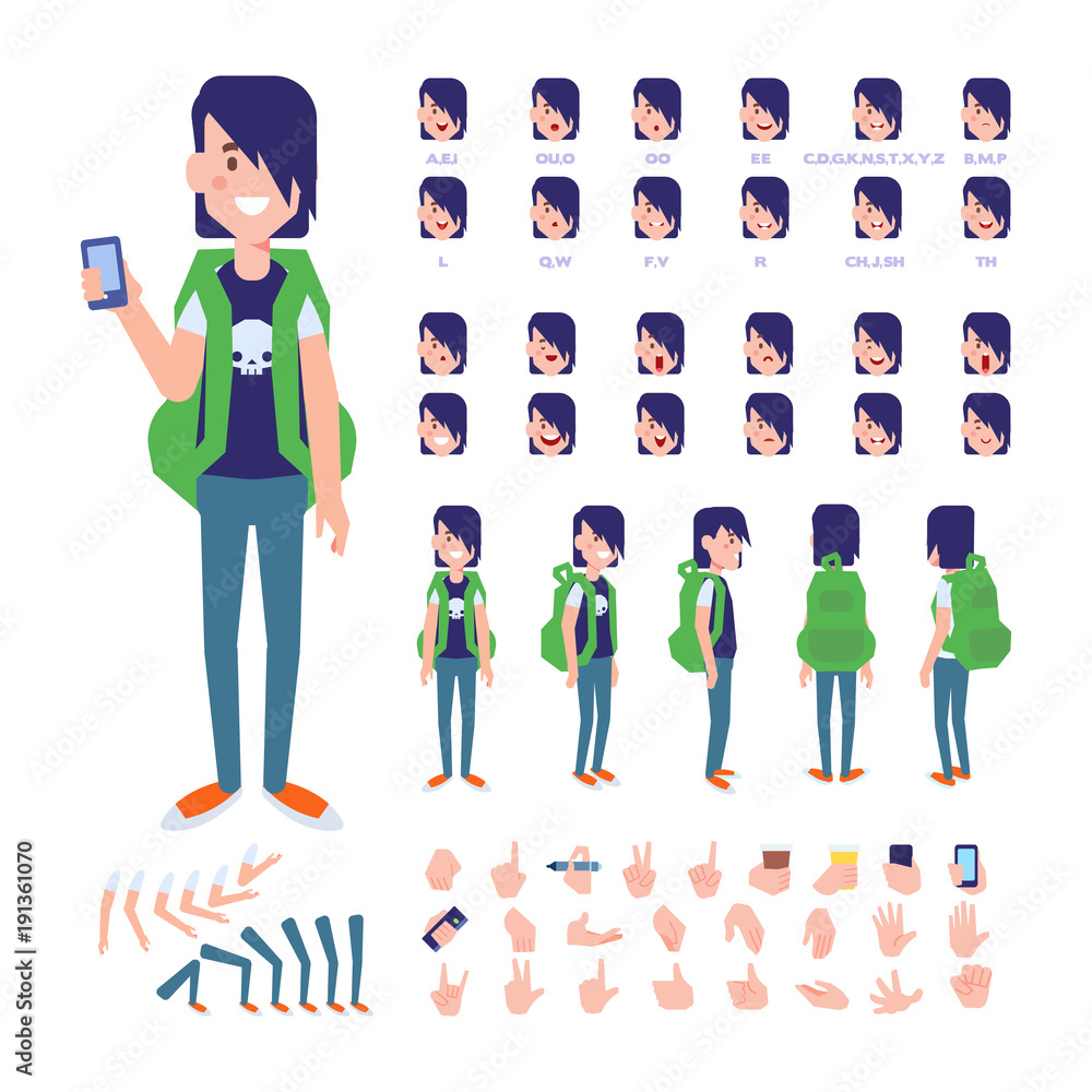 Front, side, back view animated character. Teenager boy character ...