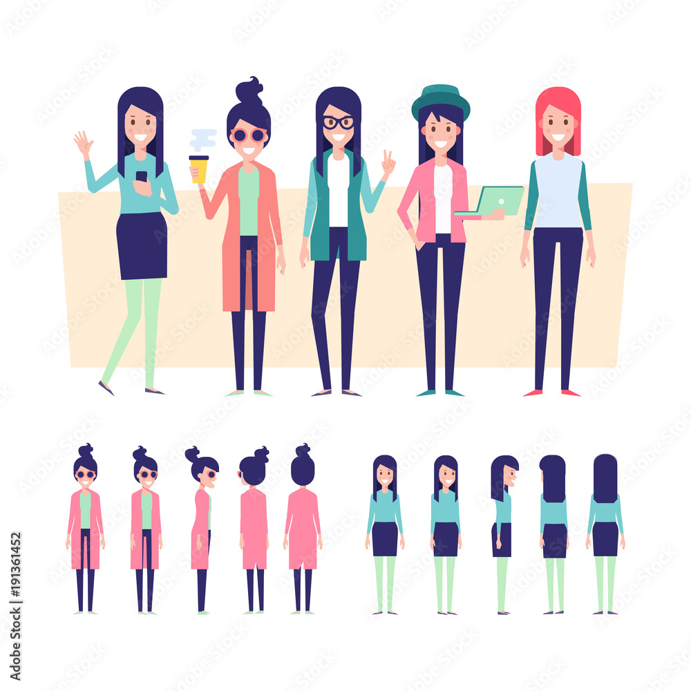 Young Girls Vector Set. Front, side, back view characters for design ...