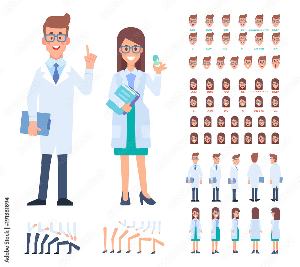 Front, side, back view animated characters. Woman and man doctors ...