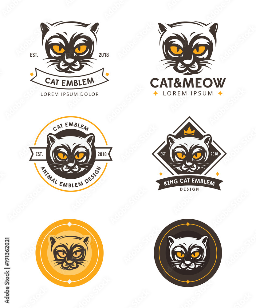 Set logo illustration cat. Cat face logo, emblems design - vector ...