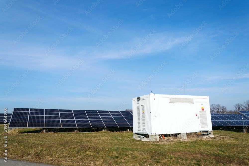 Distribution point at solar panels photovoltaics power station farm ...