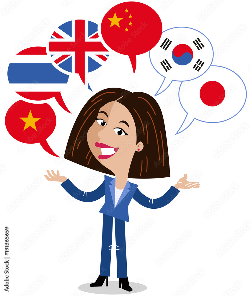 Fototapeta Asian vector cartoon woman, six speech balloons with flags ...