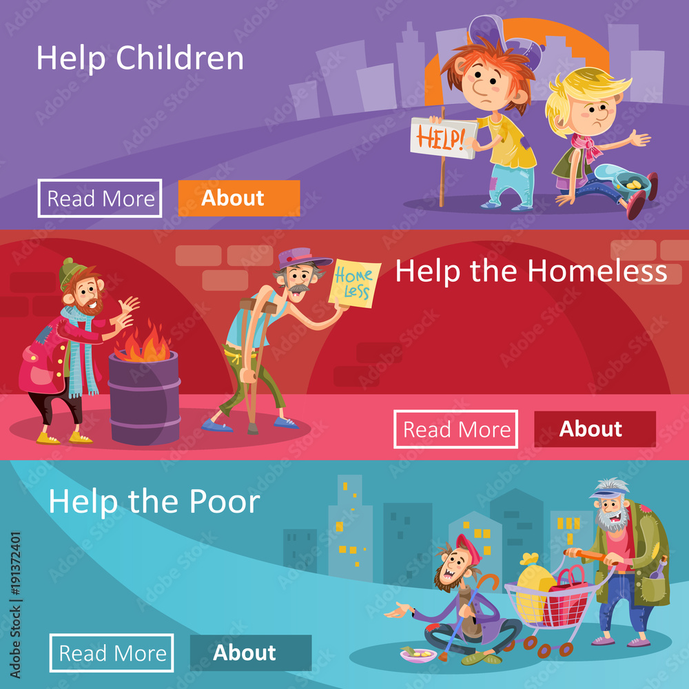 Help to homeless people vector illustration for social charity project ...