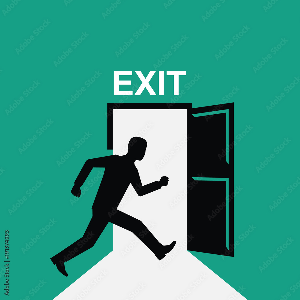 Sign exit. Silhouette man runs into open door. Symbol pictogram exit ...