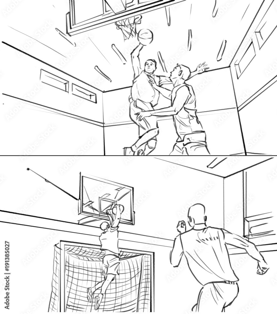 Storyboard of two men playing basketball Stock Illustration | Adobe Stock