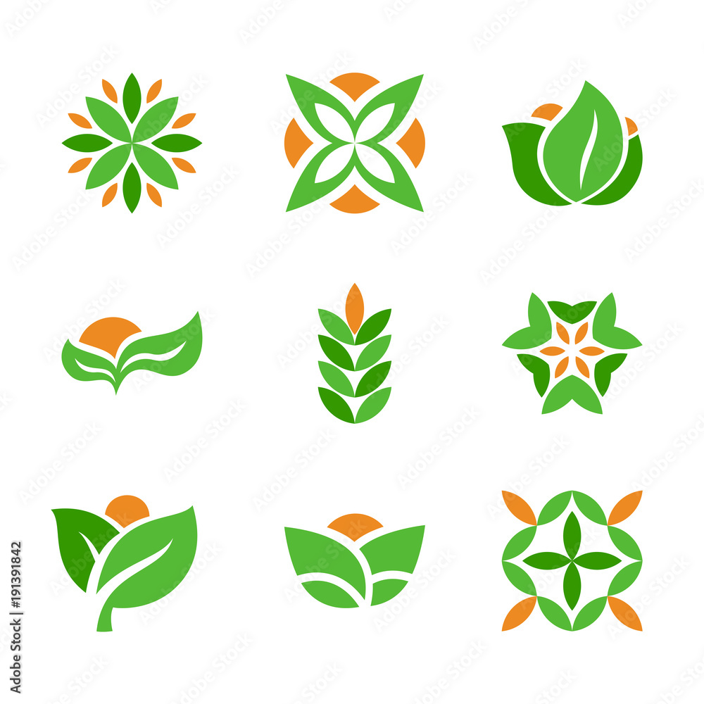 Set of green logos template. Creative natural and eco symbols with leaf ...