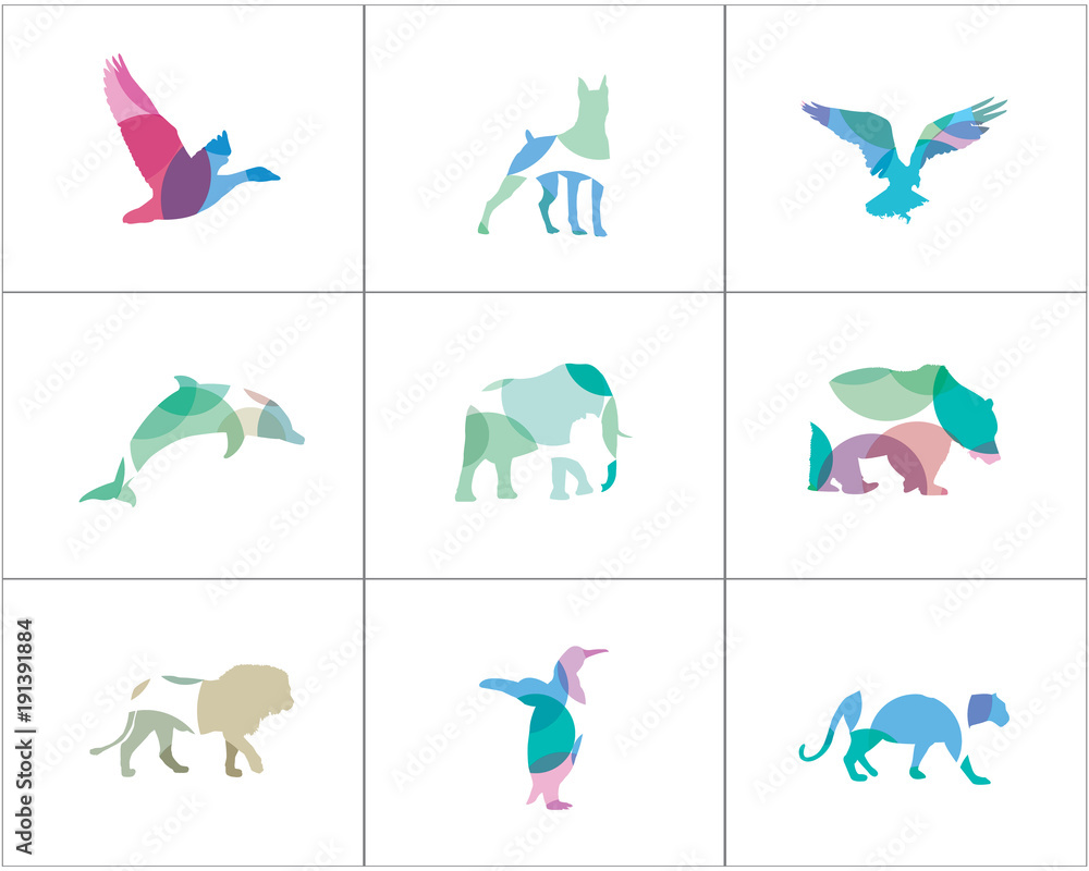 Colorful and abstract animal logos set. Lion, dog, horse, fish vector ...