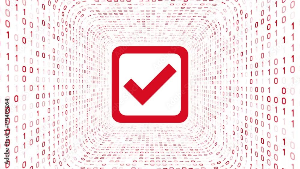 Red check mark icon form red binary tunnel on white background. Seamless loop. More icons and ...