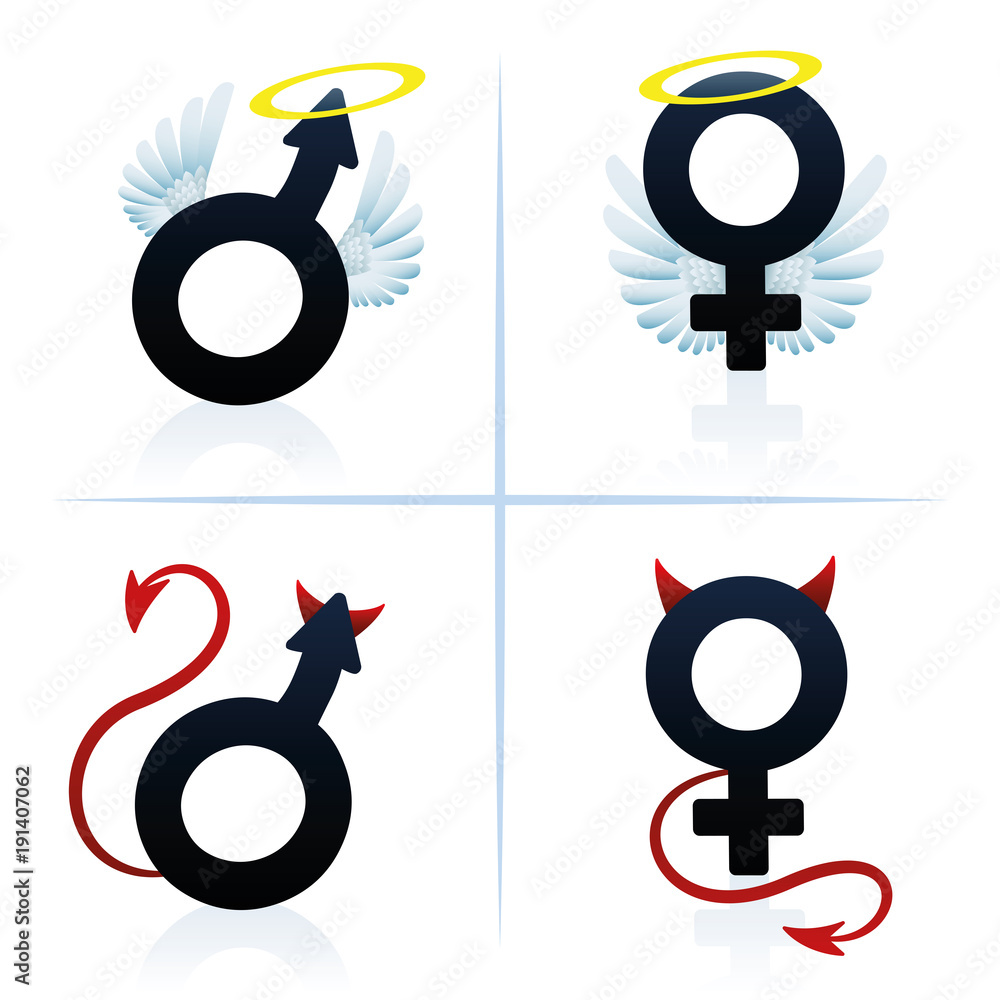 Good and evil man and woman. Male and female angel and devil symbols ...