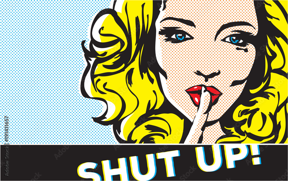Shut up gesture woman pop art, shhh woman, woman with finger on lips ...