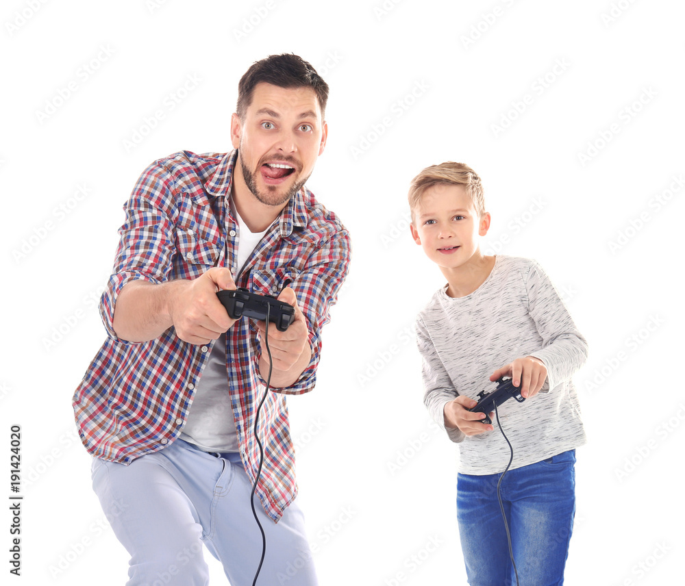 Emotional man and his son playing video game on white background Stock ...