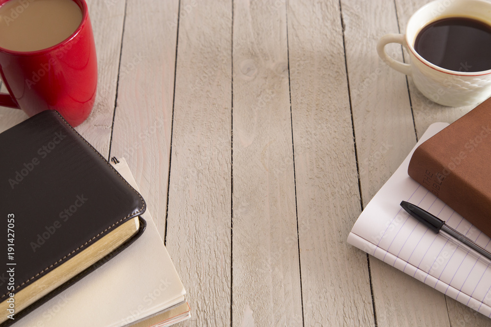 Bible Study and a Cup of Coffee with a Friend on a Wooden Table Stock ...