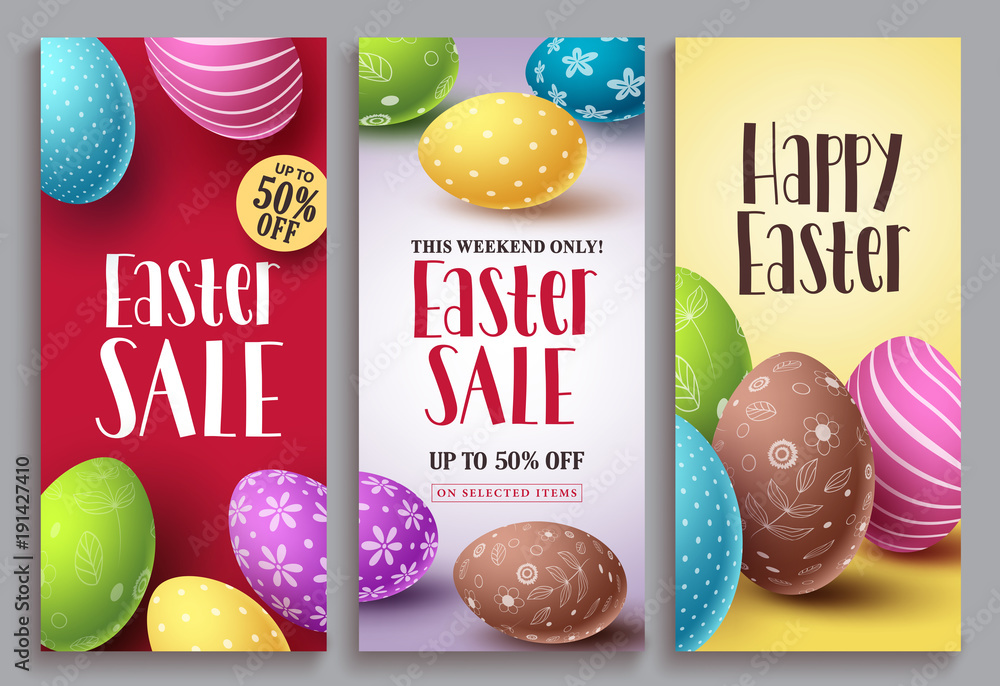 Easter sale vector poster set with colorful eggs elements for retail ...