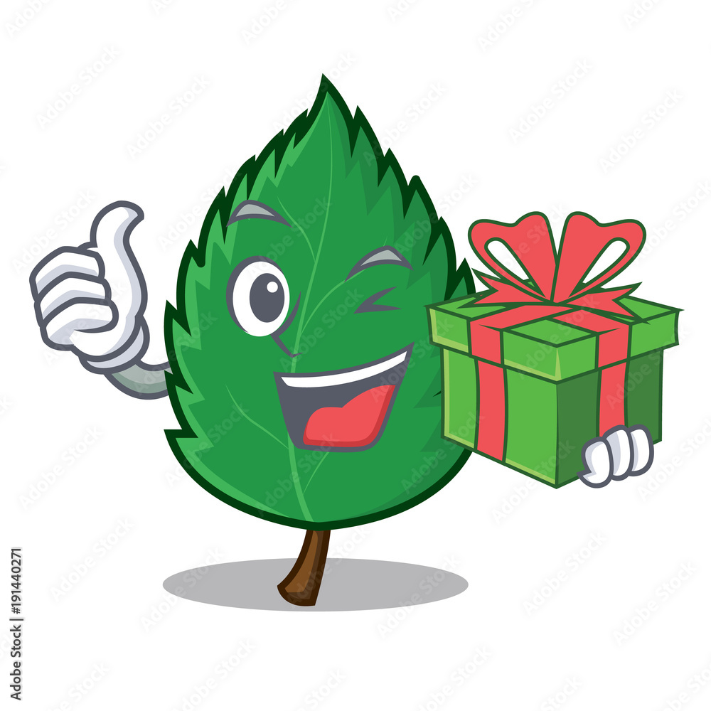 With gift mint leaves mascot cartoon Stock Vector | Adobe Stock