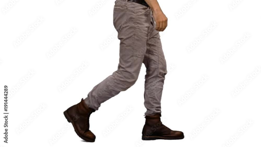 Side view of walking male feet in boots on transparent background ...