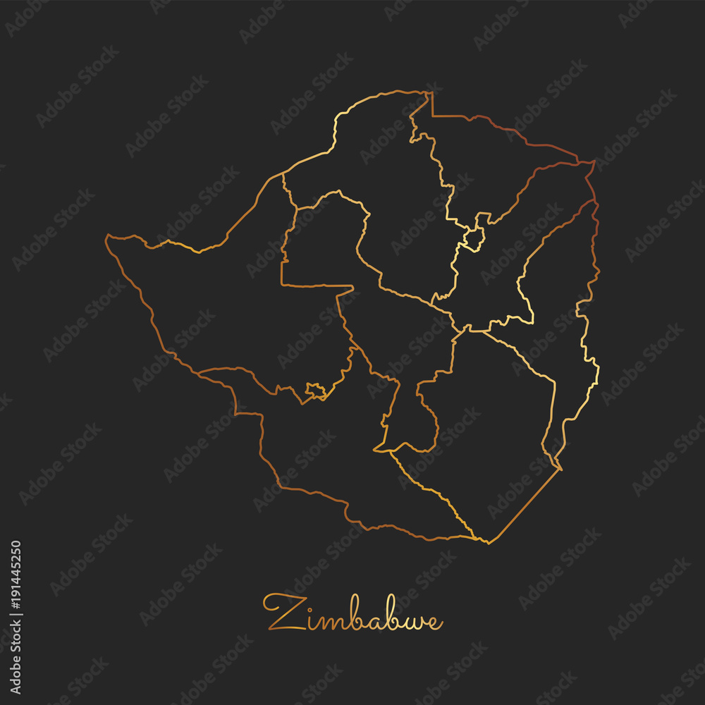 Zimbabwe region map: golden gradient outline on dark background ...