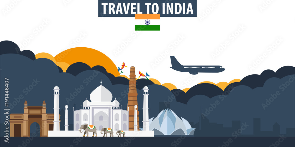 Travel to India. Travel and Tourism banner. Clouds and sun with ...