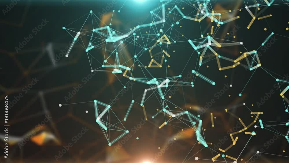 Plexus of abstract orange and neon geometrical lines with moving triangles and dots on a black ...