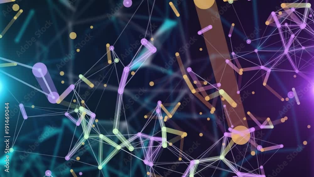 Plexus of abstract blue and violet geometrical lines with moving triangles and dots on a black ...