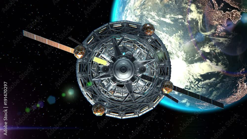 Flight through the door of sci-fi spaceship on background of Earth ...