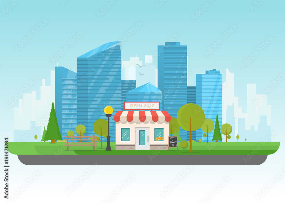 Private store building. Store building near park with trees and big ...