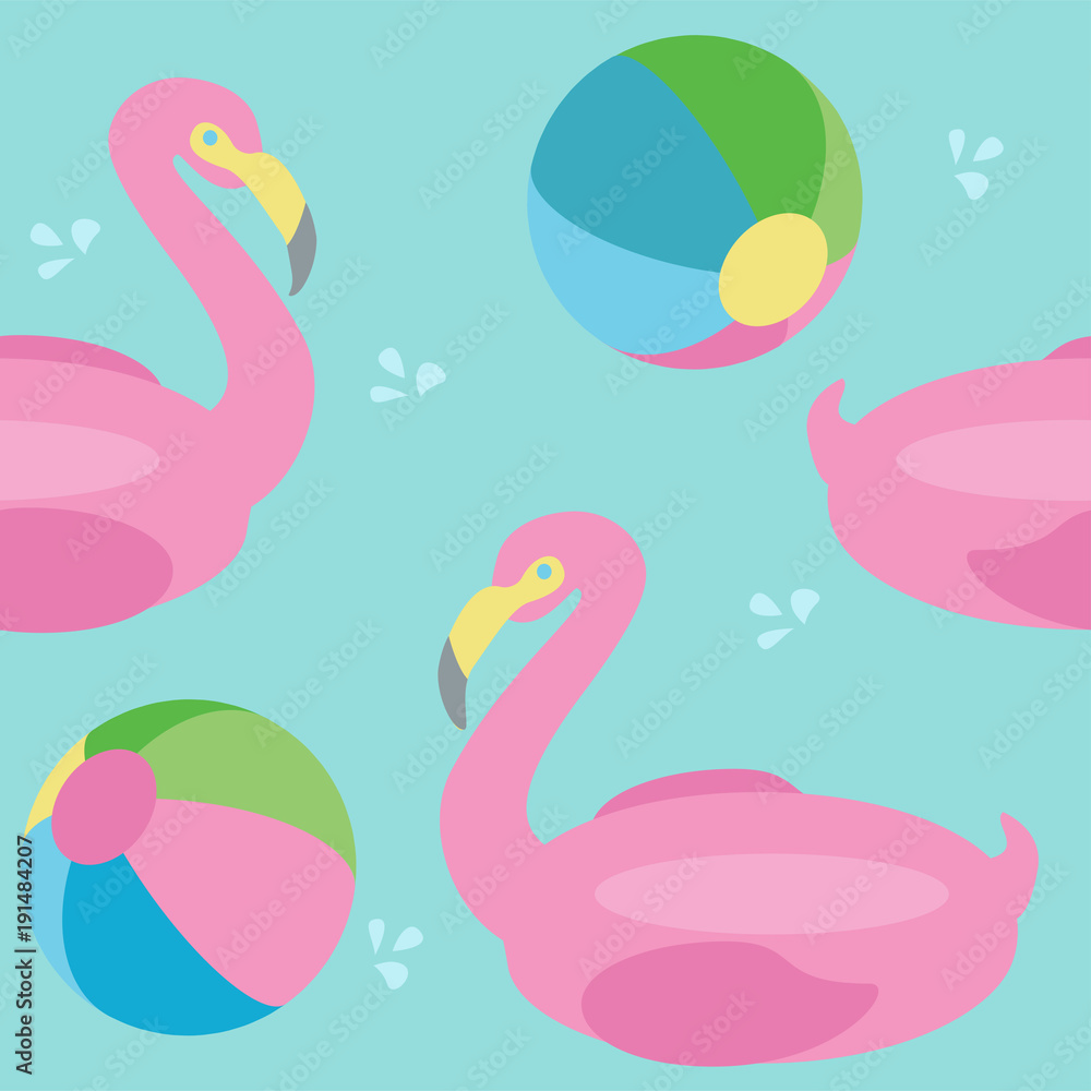 Flamingo floats and ball on swimming pool seamless pattern vector ...