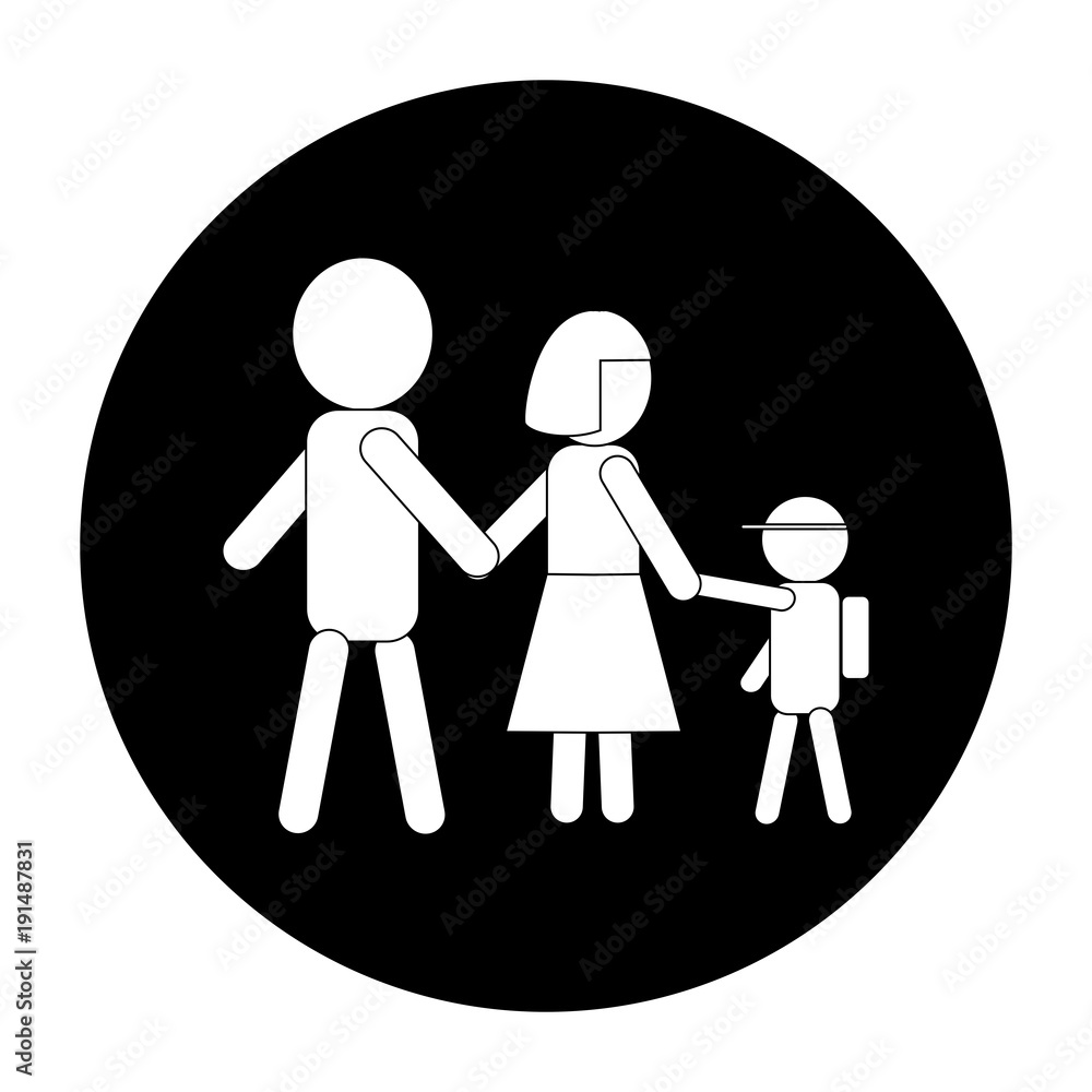 Simple family icon in black and white colors; symbol of child going to ...