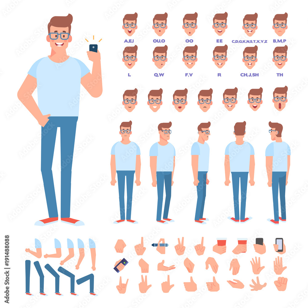 Young man vector character. Front, side, back view. Creation set with ...