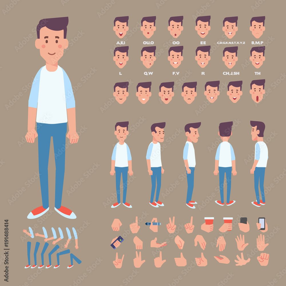 Young man vector character. Front, side, back view. Creation set with ...