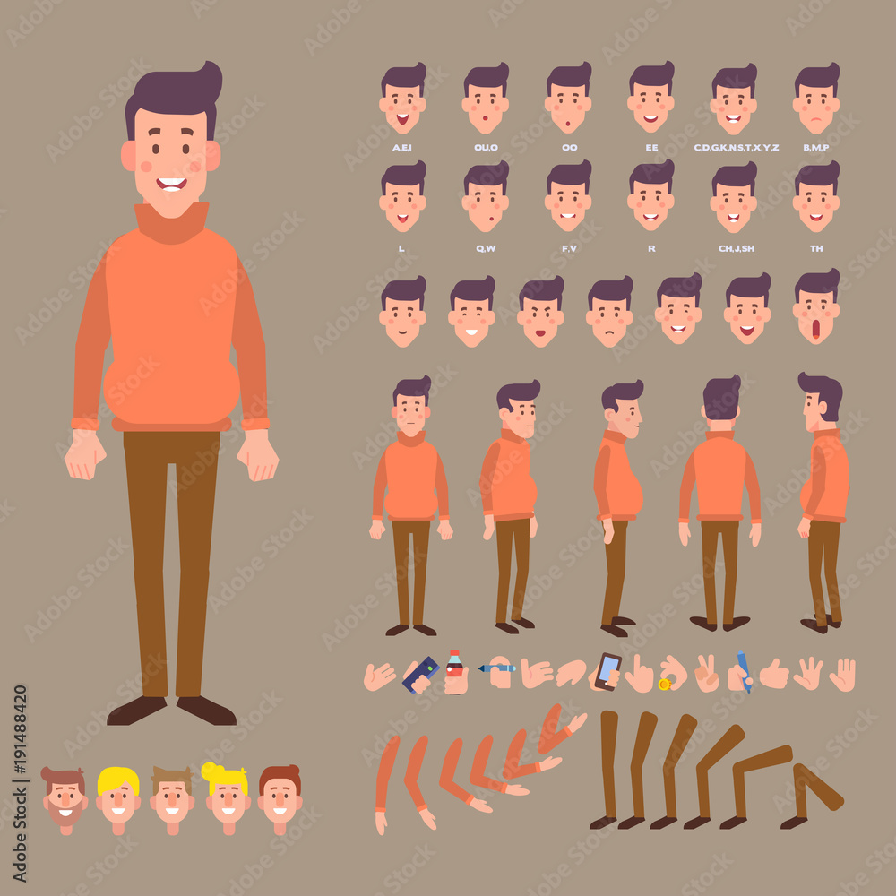 Young man vector character. Front, side, back view. Creation set with ...