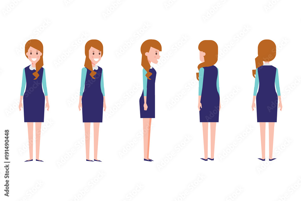 Pretty girl for animation. Front, side, back, 3/4 view character ...
