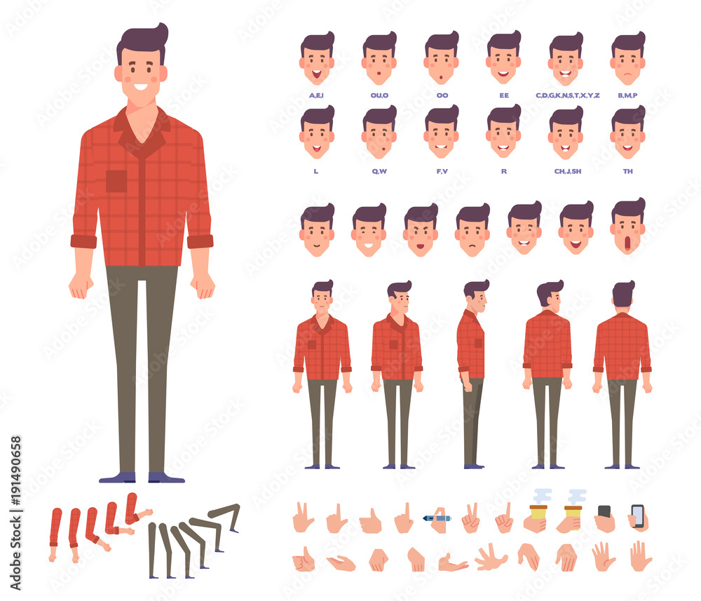 Young man vector character. Front, side, back view. Creation set with ...