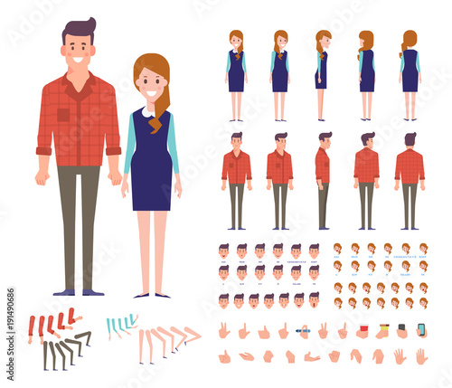 Front, side, back view animated characters. Young Man and woman ...