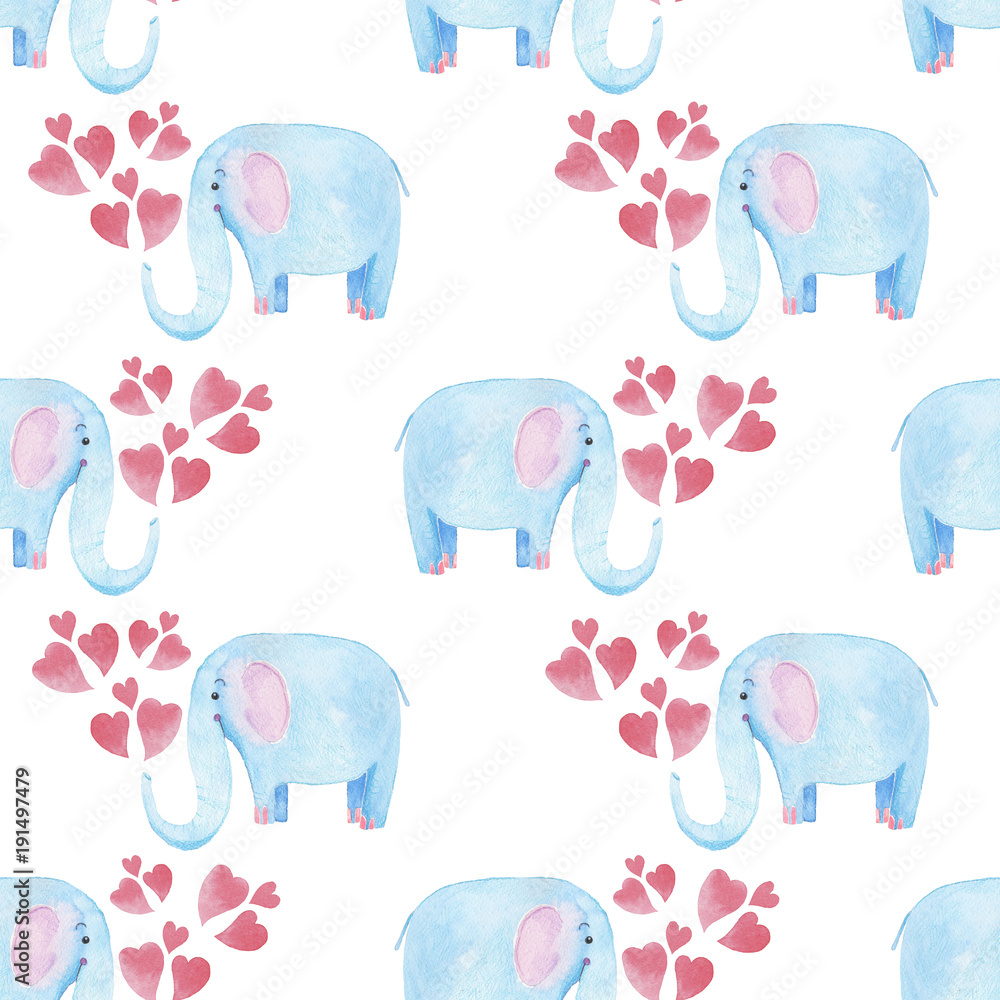 Cute elephant pattern. Seamless watercolor background with blue ...