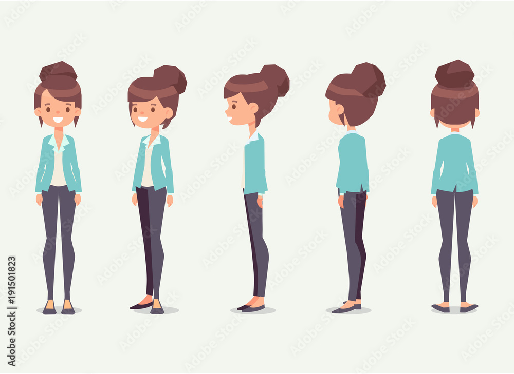 Young woman for animation. Front, side, back, 3/4 view character ...